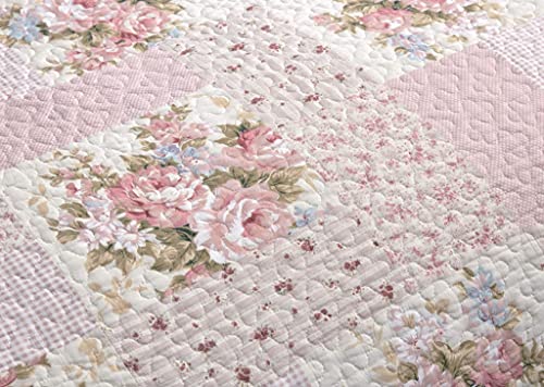 Chezmoi Collection Rosy 3-Piece Printed Patchwork Cotton Quilt Set - Pink Flower Floral Striped Polka Dots - Stone Washed Lightweight Bedspread, Queen Size