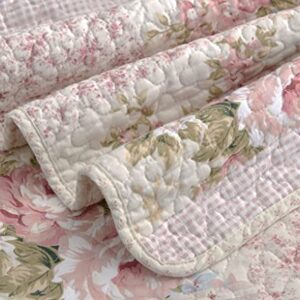 Chezmoi Collection Rosy 3-Piece Printed Patchwork Cotton Quilt Set - Pink Flower Floral Striped Polka Dots - Stone Washed Lightweight Bedspread, Queen Size