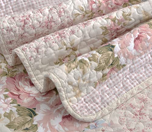 Chezmoi Collection Rosy 3-Piece Printed Patchwork Cotton Quilt Set - Pink Flower Floral Striped Polka Dots - Stone Washed Lightweight Bedspread, Queen Size