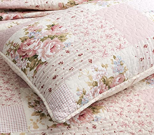 Chezmoi Collection Rosy 3-Piece Printed Patchwork Cotton Quilt Set - Pink Flower Floral Striped Polka Dots - Stone Washed Lightweight Bedspread, Queen Size