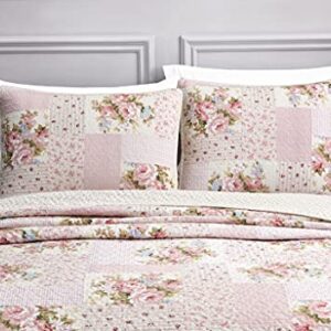 Chezmoi Collection Rosy 3-Piece Printed Patchwork Cotton Quilt Set - Pink Flower Floral Striped Polka Dots - Stone Washed Lightweight Bedspread, Queen Size