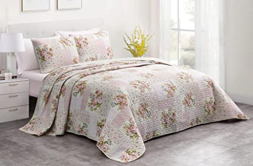 Chezmoi Collection Rosy 3-Piece Printed Patchwork Cotton Quilt Set - Pink Flower Floral Striped Polka Dots - Stone Washed Lightweight Bedspread, Queen Size