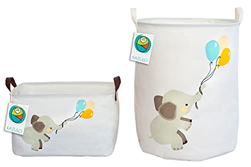 KAZULO Elephant 2 Pack Set Kids Laundry Basket, Toy Box, Storage For Nursery, for Boys and Girls, Baby Laundry Hamper for Bedroom, and Bathroom Decor (Elephant and Balloons Bundle)