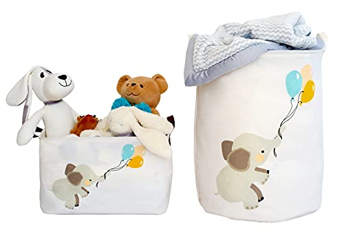 KAZULO Elephant 2 Pack Set Kids Laundry Basket, Toy Box, Storage For Nursery, for Boys and Girls, Baby Laundry Hamper for Bedroom, and Bathroom Decor (Elephant and Balloons Bundle)