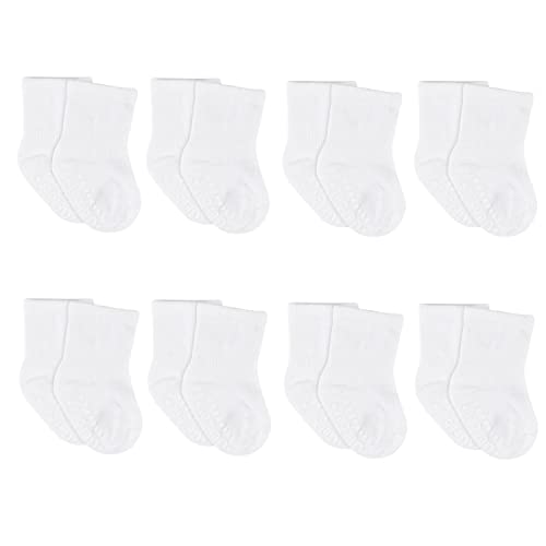 Gerber Kids' 8-Pack Wiggle-Proof Jersey Crew Socks, White, 0-6 Months