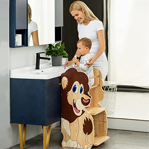 Max & Me Adorable Lion Toddler Kitchen Stool Helper, Adjustable Height Kitchen Stool for Toddlers. Safe Montessori Stool and Toddler Counter Stand Perfect for Learning and Baking