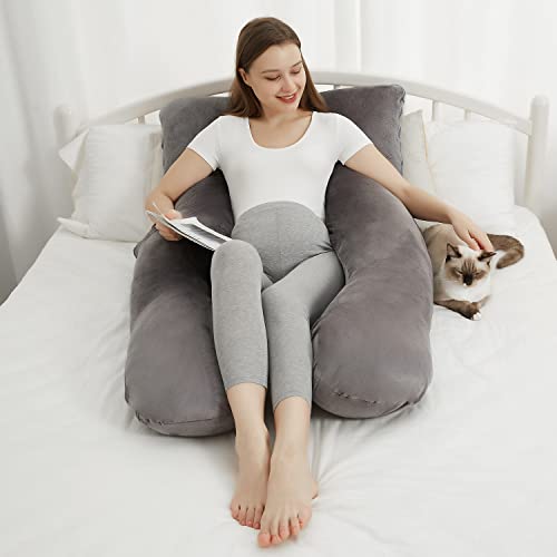 JOHNPEY Pregnancy Pillows for Sleeping, U Shaped Full Body Pillow - Pregnancy Must Haves Maternity Pillow with Removable Velvet Cover, 55inch, Dark Gray