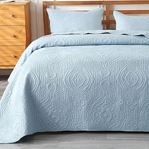 ENJOHOS King Size Quilt Set - Oversized King Bedspreads, Lightweight Bedspreads for Summer, Reversible Microfiber Embossed Bedding Cover, Blue Quilt Coverlet Set, King/California King