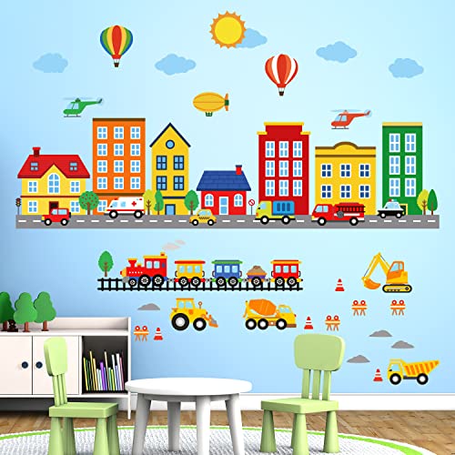 DECOWALL DS-8051 City Vehicles Wall Stickers Car Construction Truck Decals Removable for Kid Boys Nursery Bedroom Playroom Living Room Art Decor