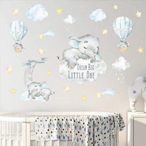 yovkky blue watercolor boy elephant wall decals, sweet dream big little one sticker moon hot air balloon star nursery decor, home baby shower room decoration kid toddler crib bedroom playroom art gift