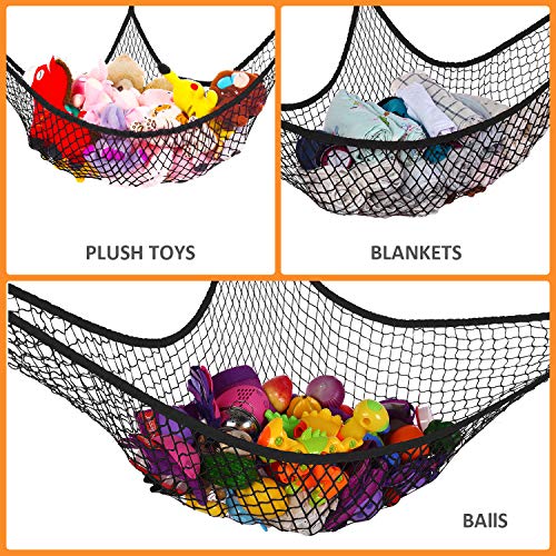 KOHUIJOO Toy Hammock for Stuffed Animals, Stuffed Animal Hammock Net Jumbo Plush Toy Storage Cornet Net 70" Wall Sling Giant Baby Kids Children Teddy Bear Mesh Toy Net Organizer Black