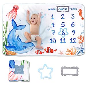 innersafe baby milestone blanket| original design baby monthly milestone blanket boy girl|baby photography props blanket| 60'x40' ocean world (vacuum-packed)