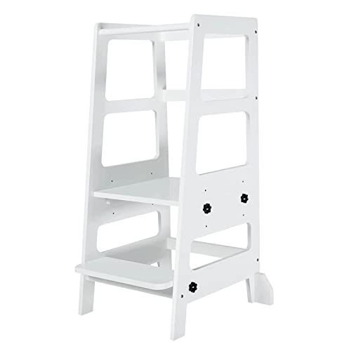 Zytty Toddler Step Stool Toddler Kitchen Stool, Adjustable-Height Toddler Tower Stool Kitchen Wooden Helper Step Stools for Kids, White