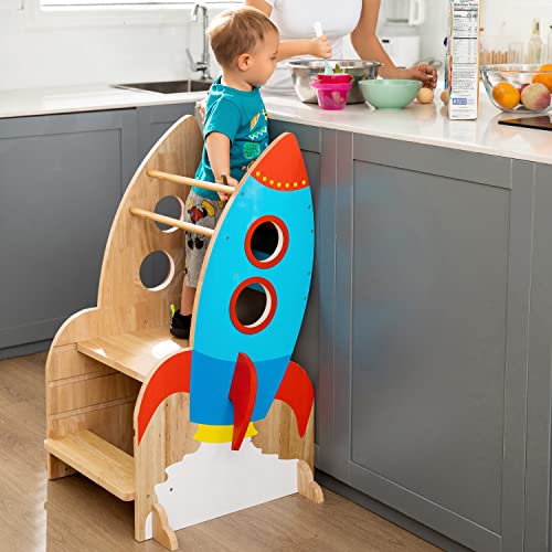 Max & Me Adorable Rocket Ship Toddler Kitchen Stool Helper, Adjustable Height Kitchen Stool for Toddlers. Safe Montessori Stool and Toddler Counter Stand Perfect for Learning and Baking