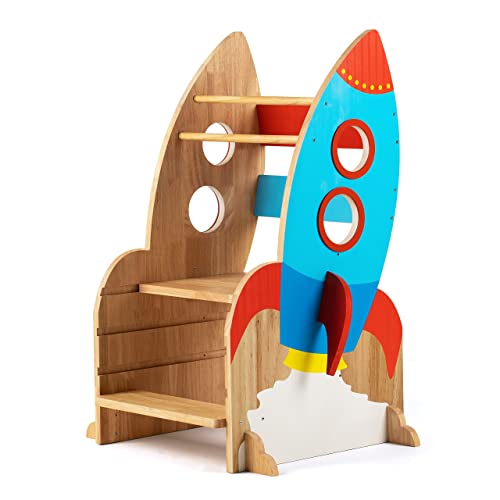 Max & Me Adorable Rocket Ship Toddler Kitchen Stool Helper, Adjustable Height Kitchen Stool for Toddlers. Safe Montessori Stool and Toddler Counter Stand Perfect for Learning and Baking