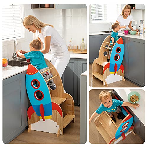 Max & Me Adorable Rocket Ship Toddler Kitchen Stool Helper, Adjustable Height Kitchen Stool for Toddlers. Safe Montessori Stool and Toddler Counter Stand Perfect for Learning and Baking