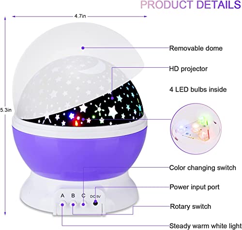 Baby Night Lights Christmas, Moon Star Projector - 4 LED Bulbs 8 Light Color Changing with USB Cable 360 Degree Rotation, Romantic Night Lighting Lamp for Birthday Nursery Women Children Kids Baby