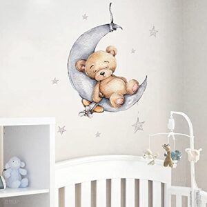 teddy bear sleeping on the moon and stars wall stickers for kids baby room interior decoration wall decals (teddy bear)