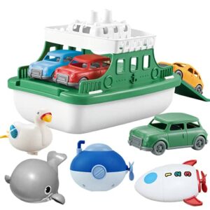 okgiugn ferry boat toys set with 4 cars and 4 wind up bath swimming toys, kids bath toy floating vehicle whales submarines swans rockets, bathtub bathroom pool beach toys for toddlers boys girls kids