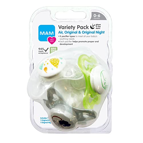 MAM Variety Pack Baby Pacifier, Includes 3 Types of Pacifiers, Nipple Shape Helps Promote Healthy Oral Development,0-6 Months, Unisex, 3 Count (Pack of 1)