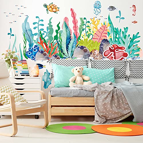 2 Sheets Large Under The Sea Wall Decals Ocean Creature Sea Life Stickers Removable Seaweed Sea Turtle Jellyfish Fish Ocean Grass Decor for Kids Baby Nursery Bedroom Playroom Bathroom Living Room