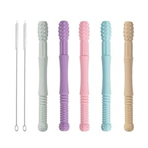 hollow teether tubes, honboom 5 packs soft silicone teething tubes, baby soothing teether toy, chew straw toy for babies 0-12 months with a cleaning brush, dishwasher safe (6.6in)