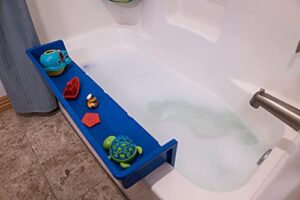 tub topper® bathtub splash guard play shelf area -toy tray caddy holder storage -suction cups attach to bath tub -no mess water spill in bathroom -fun for toddlers kids baby