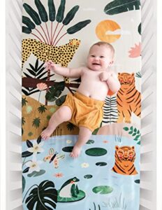 rookie humans 100% cotton sateen fitted crib sheet: in the jungle. modern nursery, use as a photo background for your baby pictures. standard crib size (52 x 28 inches)