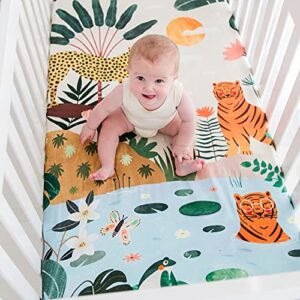 Rookie Humans 100% Cotton Sateen Fitted Crib Sheet: in The Jungle. Modern Nursery, Use as a Photo Background for Your Baby Pictures. Standard Crib Size (52 x 28 inches)