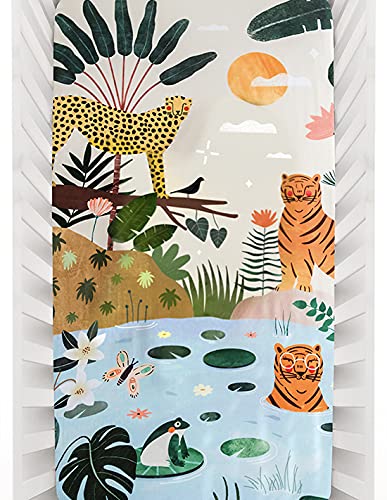 Rookie Humans 100% Cotton Sateen Fitted Crib Sheet: in The Jungle. Modern Nursery, Use as a Photo Background for Your Baby Pictures. Standard Crib Size (52 x 28 inches)