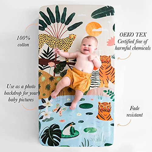 Rookie Humans 100% Cotton Sateen Fitted Crib Sheet: in The Jungle. Modern Nursery, Use as a Photo Background for Your Baby Pictures. Standard Crib Size (52 x 28 inches)