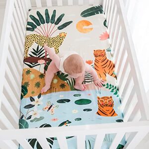 Rookie Humans 100% Cotton Sateen Fitted Crib Sheet: in The Jungle. Modern Nursery, Use as a Photo Background for Your Baby Pictures. Standard Crib Size (52 x 28 inches)