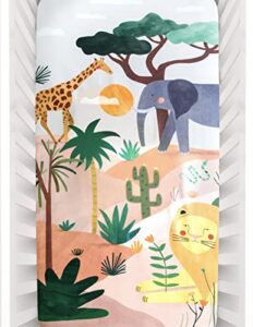 rookie humans 100% cotton sateen fitted crib sheet: in the savanna safari. modern nursery, use as a photo background for your baby pictures. standard crib size (52 x 28 inches)