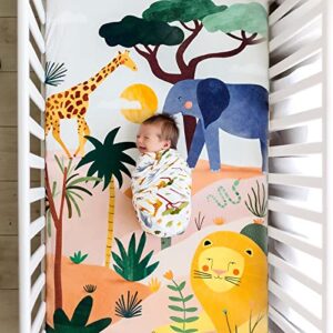 Rookie Humans 100% Cotton Sateen Fitted Crib Sheet: in The Savanna Safari. Modern Nursery, Use as a Photo Background for Your Baby Pictures. Standard Crib Size (52 x 28 inches)