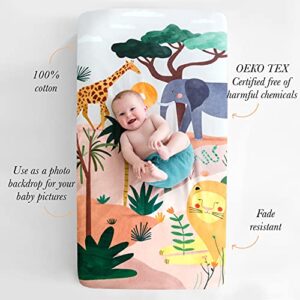 Rookie Humans 100% Cotton Sateen Fitted Crib Sheet: in The Savanna Safari. Modern Nursery, Use as a Photo Background for Your Baby Pictures. Standard Crib Size (52 x 28 inches)