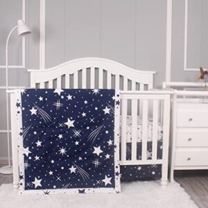 belsden 3 piece crib bedding set for baby boys girls, classic nursery bedding essential including comforter, crib sheet and crib skirt, ultra soft cozy, space star navy