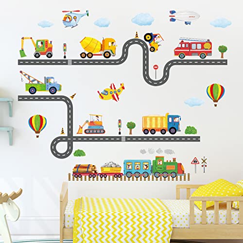 DECOWALL SG2-2107 Construction Transportation Wall Decals Car Truck Tractor Road Stickers for Kids Boys Living Room Decor Bedroom Playroom Nursery Peel and Stick Removable