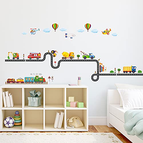 DECOWALL SG2-2107 Construction Transportation Wall Decals Car Truck Tractor Road Stickers for Kids Boys Living Room Decor Bedroom Playroom Nursery Peel and Stick Removable