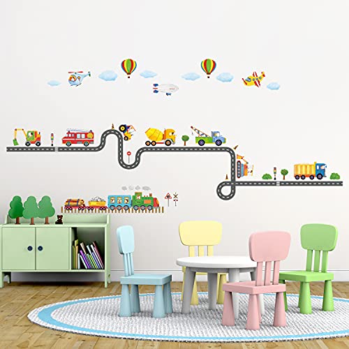 DECOWALL SG2-2107 Construction Transportation Wall Decals Car Truck Tractor Road Stickers for Kids Boys Living Room Decor Bedroom Playroom Nursery Peel and Stick Removable