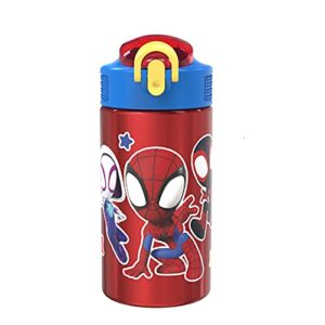 zak designs marvel spider-man 18/8 single wall stainless steel kids water bottle, flip straw locking spout cover, durable cup for sports or travel (15.5oz, non-bpa, spidey and his amazing friends)