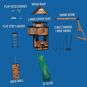 Backyard Discovery Canyon Creek All Cedar Wood Swing Set, Playhouse with Grill, Plastic Food, Picnic Area, Steering Wheel, Two Belt Swings, Rock Climbing Wall, Balcony, Deck, Slide, Web Swing,Brown