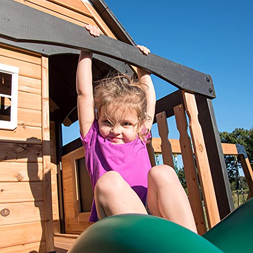 Backyard Discovery Canyon Creek All Cedar Wood Swing Set, Playhouse with Grill, Plastic Food, Picnic Area, Steering Wheel, Two Belt Swings, Rock Climbing Wall, Balcony, Deck, Slide, Web Swing,Brown