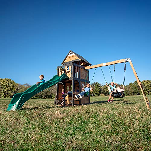 Backyard Discovery Canyon Creek All Cedar Wood Swing Set, Playhouse with Grill, Plastic Food, Picnic Area, Steering Wheel, Two Belt Swings, Rock Climbing Wall, Balcony, Deck, Slide, Web Swing,Brown