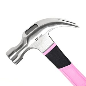 FASTPRO Pink Hammer, Fiberglass Curved Claw Hammer with Comfort Grip Handle,12oz