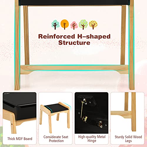 Costzon Kids Table and Chair Set, Wooden Lift-top Desk & Chair w/Storage Space, Safety Hinge, Gift for Toddler Drawing, Reading, Writing, Homeschooling, Children Activity Table & Chair (Black)