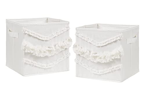 Sweet Jojo Designs Ivory Boho Bohemian Foldable Fabric Storage Cube Bins Boxes Organizer Toys Kids Baby Childrens - Set of 2 - Neutral Off White Farmhouse Chic Unisex Minimalist Fringe Macrame