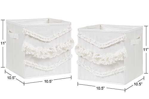 Sweet Jojo Designs Ivory Boho Bohemian Foldable Fabric Storage Cube Bins Boxes Organizer Toys Kids Baby Childrens - Set of 2 - Neutral Off White Farmhouse Chic Unisex Minimalist Fringe Macrame