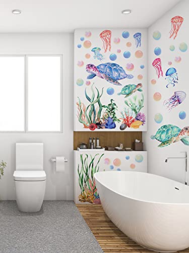 Under The Sea Wall Decals Sea Turtle Seaweed Wall Stickers Kalolary 3D Under The Sea Coral Reef Ocean Grass Bubbles Wall Decals Wall Decoration for Wall Corner Nursery Room Children Bedroom Bathroom Living Room