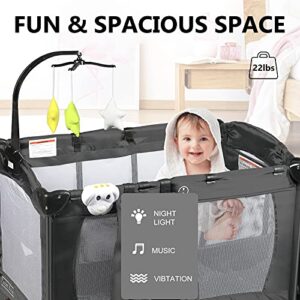 Kinder King 3 in 1 Portable Nursery Center, Foldable Playard for Baby & Toddler, Infant Pack n Play w/Bassinet, Removable Mattress, Newborn Changing Table, Travel Bag, Music Box, Storage Basket, Grey