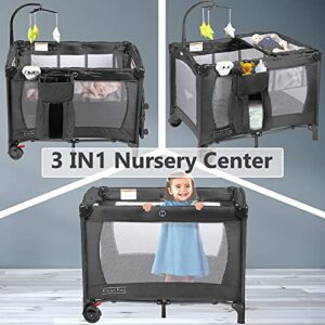 Kinder King 3 in 1 Portable Nursery Center, Foldable Playard for Baby & Toddler, Infant Pack n Play w/Bassinet, Removable Mattress, Newborn Changing Table, Travel Bag, Music Box, Storage Basket, Grey